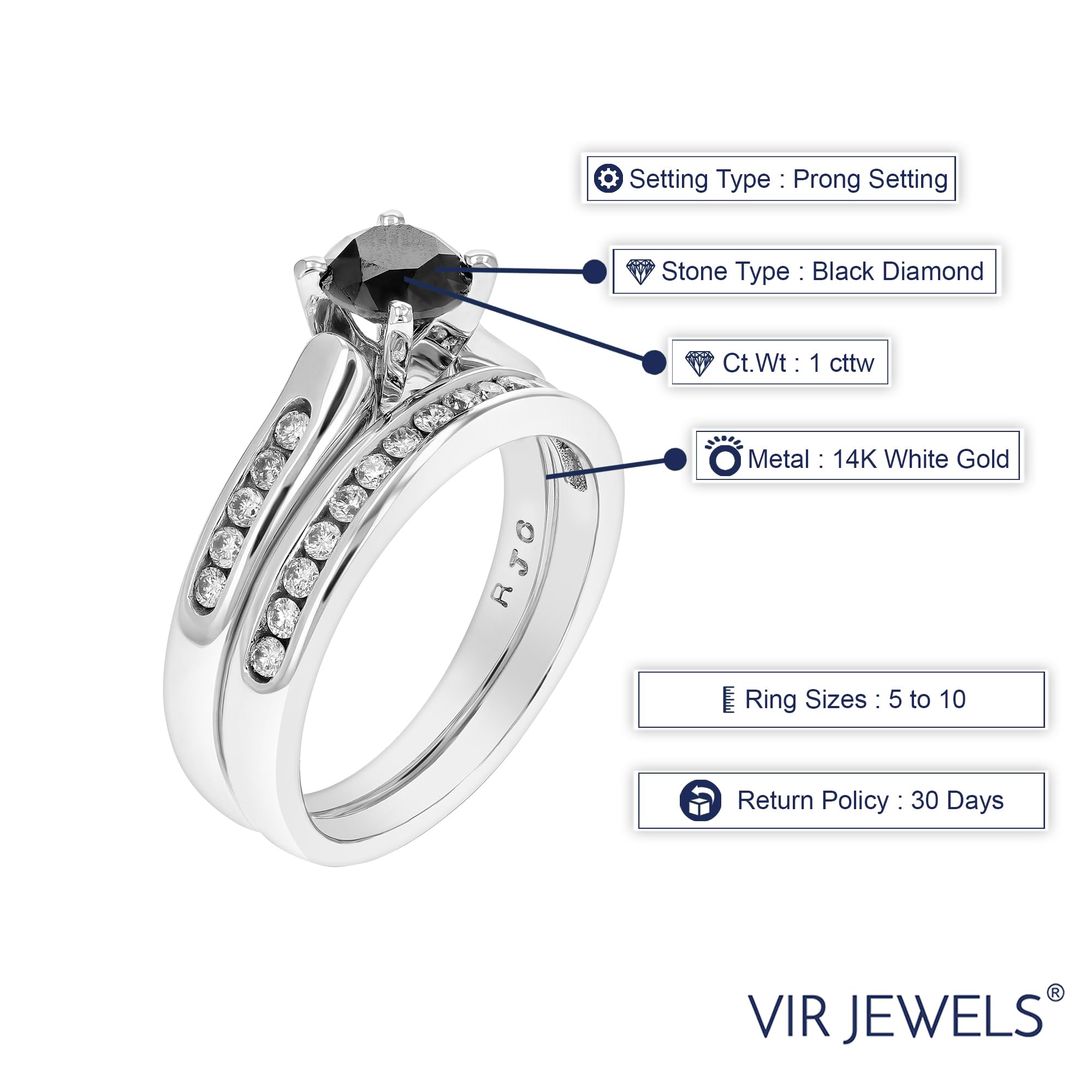 Vir Jewels 1 cttw Black Diamond Wedding Engagement Ring Bridal Set 14K White Gold Size 7