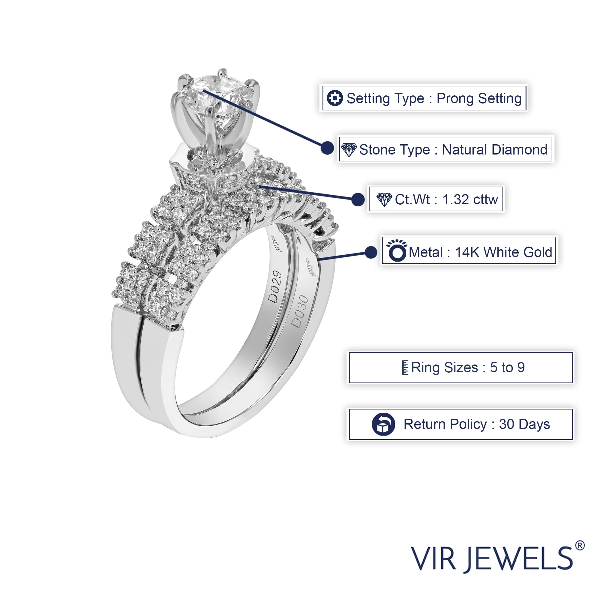 Vir Jewels 1.32 cttw SI3 Diamond Wedding Engagement Ring Bridal Set 14K White Gold Size 7