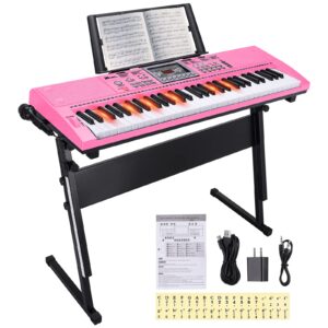 24hocl 61 key premium electric keyboard piano for beginners with stand, built-in dual speakers, microphone, headphone, stand & display panel (pink)