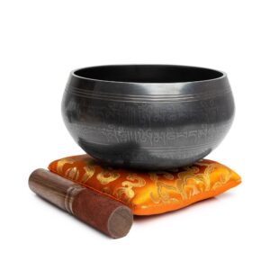 tibetan singing bowl set - easy to play authentic handcrafted for meditation sound chakra yoga healing 4 inches by himalayan bazaar (black & orange)