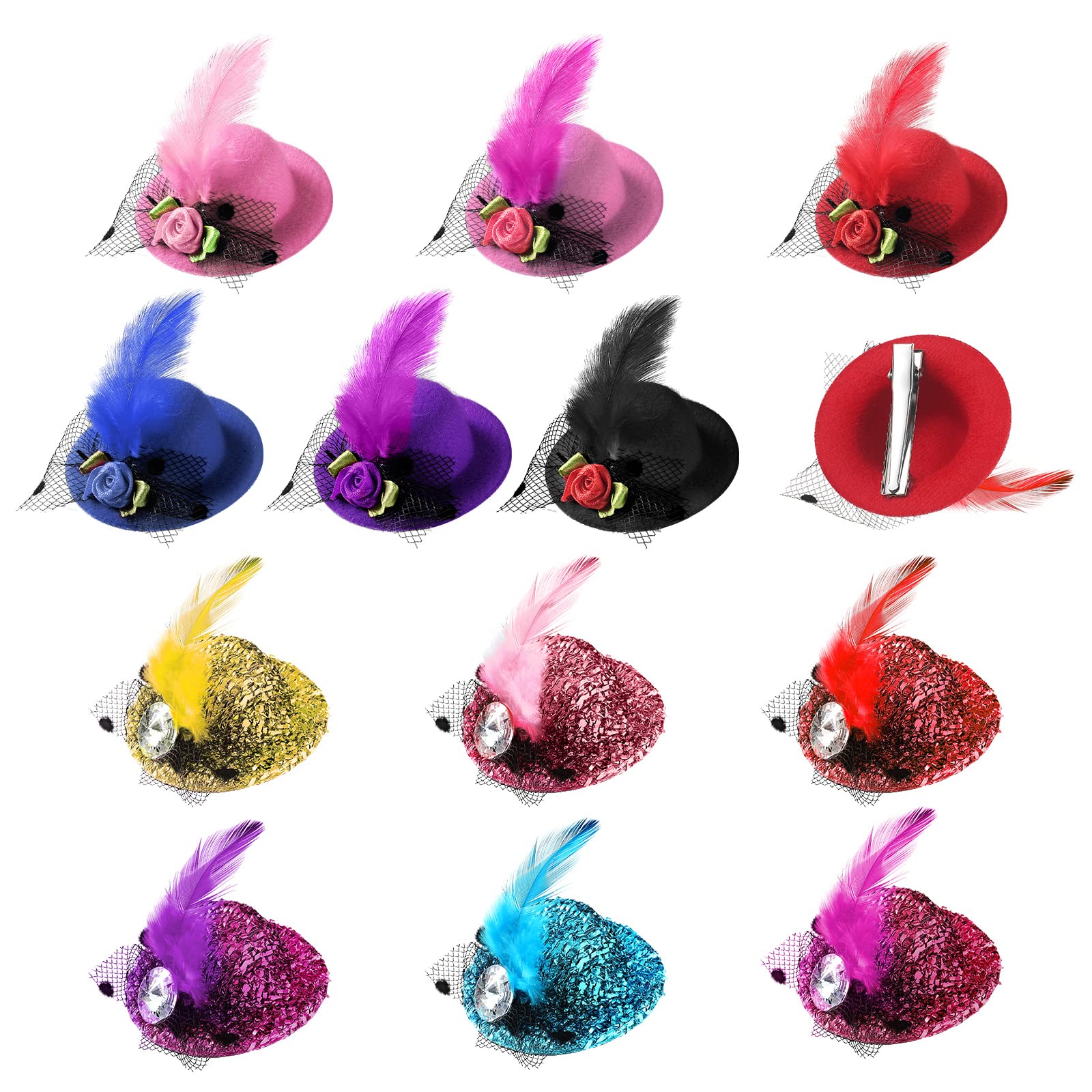 12 Pieces Tea Party Fascinator Hats with Flowers, Feathers, and Bows - Decorative Mini Top Hair Accessories for Toddler Costume