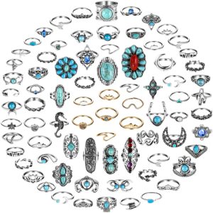 78 pcs vintage turquoise rings set women western rings bohemian silver oval gemstone rings boho joint knuckle rings midi stacking rings for women