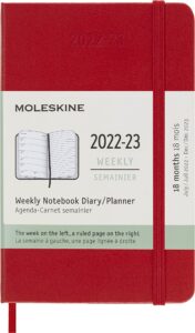 moleskine classic 18 month 2022-2023 weekly planner, hard cover, pocket (3.5" x 5.5"), scarlet red