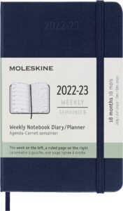 moleskine 2023 weekly notebook planner, 18m, pocket, sapphire blue, hard cover (3.5 x 5.5)