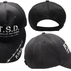 P.T.S.D. Not All Wounds are Visible Black Barb Barbed Wire Acrylic Adjustable Embroidered Cap Hat