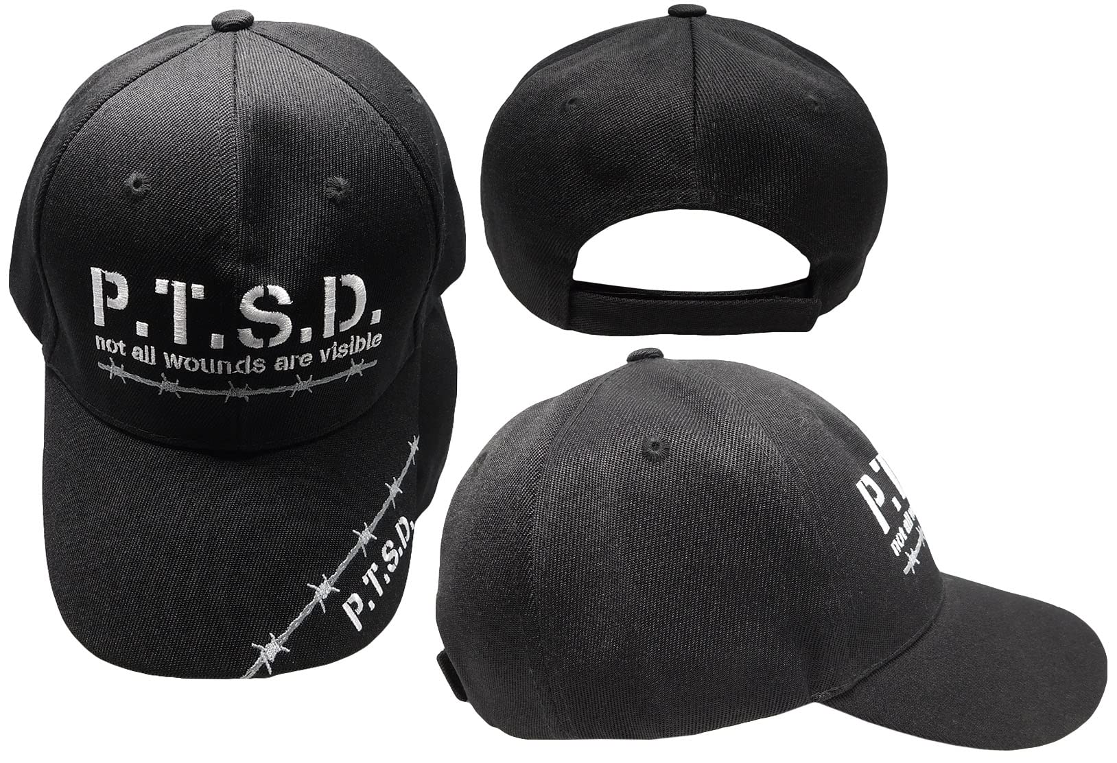 P.T.S.D. Not All Wounds are Visible Black Barb Barbed Wire Acrylic Adjustable Embroidered Cap Hat