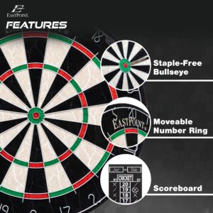 EastPoint Sports Official Size Dart Board Set with Dart Scoreboard & Accessories - Includes 6 18g Steel Tip Darts and Easy-Hang Hardware Kit - Premium Darts Set for Game Room, Man Cave & Indoor Games