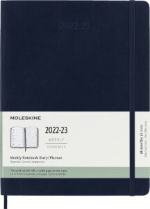 moleskine classic 18 month 2022-2023 weekly planner, soft cover, xl (7.5" x 9.75"), sapphire blue