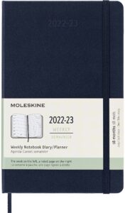 moleskine classic 18 month 2022-2023 weekly planner, hard cover, large (5" x 8.25"), sapphire blue