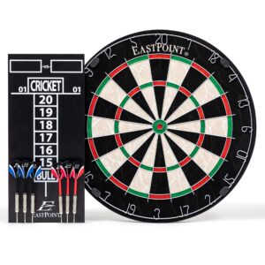 eastpoint sports official size dart board set with dart scoreboard & accessories - includes 6 18g steel tip darts and easy-hang hardware kit - premium darts set for game room, man cave & indoor games