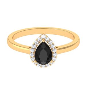 certified black spinel diamond halo engagement ring, aaa quality, black spinel 5x7mm pear shape ring - ready to gift, 14k yellow gold, size:us 7.50