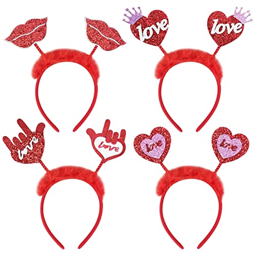 CIEOVO 4 Pieces Valentine's Day Headbands Glitter Red Heart Lip Bopper Headband Hair Hoop Head Bopper Hair Accessories for Valentine's Day Wedding Bridal Shower Party Favor Gift Photo Booth