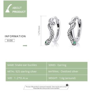 Punk Snake Sleeper Small Hoop Earrings 925 Sterling Silver Personalized Cool Animal Green Crystal CZ Eye Cartilage Tragus Earring Round Huggie Hoops 10mm Statement Earring Studs Ear Piercing Fashion