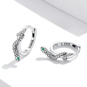 Punk Snake Sleeper Small Hoop Earrings 925 Sterling Silver Personalized Cool Animal Green Crystal CZ Eye Cartilage Tragus Earring Round Huggie Hoops 10mm Statement Earring Studs Ear Piercing Fashion