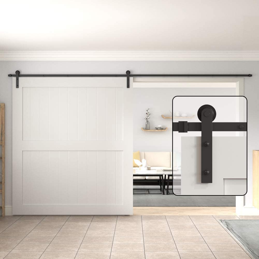 WINSOON Black 14FT Single Door Kit with 12" Sliding Barn Door Handles Brushed Nickel