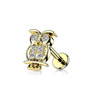 dynamique cz paved owl top on internally threaded 316l surgical steel flat back stud for labret, monroe, cartilage (sold per piece)