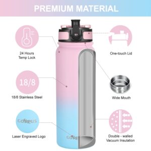 GOPPUS Kids Water Bottle with Straw Spout Wide Mouth Lid 20 oz Leak Proof Double Walled Metal Insulated Stainless Steel Sports Water Bottles with Strap Handle Stickers for Boys Girls School(3 Lids)