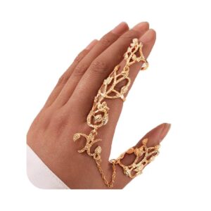 obmyec boho finger ring hand chain gold knuckle ring bracelets punk leaf ring harness bracelet for women (gold)