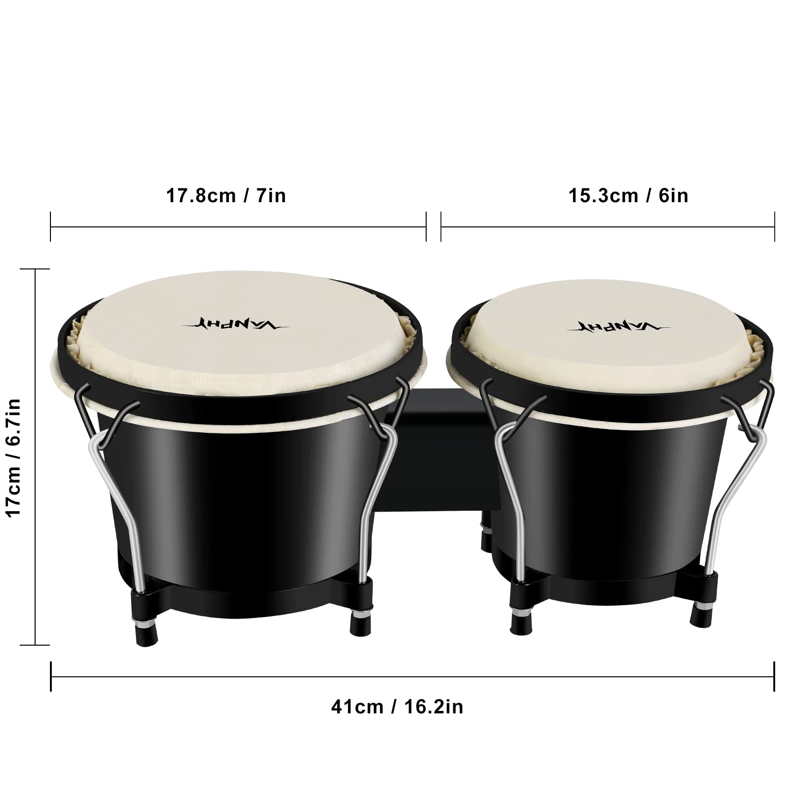 VANPHY Bongo Drum Set for Kids Beginners Natural Adult Bongos with Tuning Wrench Transparent Bongo Drums 6" and 7" Tunable Percussion bongo drum Natural Animal Hides Metal (Black)