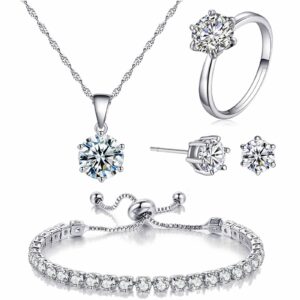 4pcs set zirconia pendant necklace earrings ring bangle set silver crystal fashion adjustable zircon jewelry for women teen girls wife party prom engagement wedding gifts