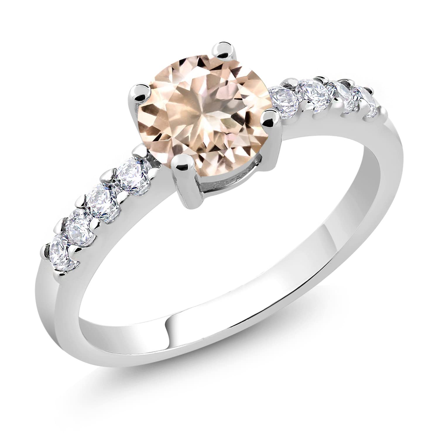 Gem Stone King 0.84 Ct Round Peach Morganite Rhodium Plated Ring (Size 9)