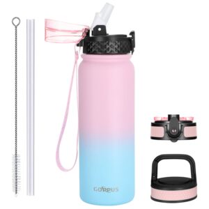 goppus kids water bottle with straw spout wide mouth lid 20 oz leak proof double walled metal insulated stainless steel sports water bottles with strap handle stickers for boys girls school(3 lids)