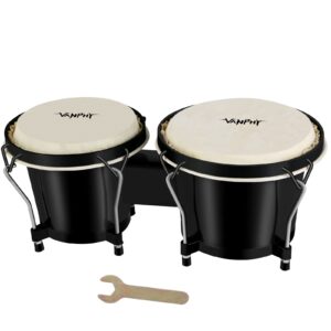 vanphy bongo drum set for kids beginners natural adult bongos with tuning wrench transparent bongo drums 6" and 7" tunable percussion bongo drum natural animal hides metal (black)