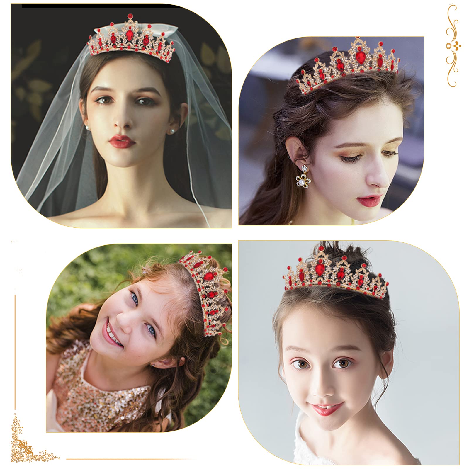 WHAVEL Gold Queen Crown Red Crown Headband Princess Rhinestone Crown Hair Accessories for Birthday Wedding Headbands Prom Party Jewelry for Women Girls(Red Gold)