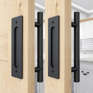 WINSOON 8FT Single Track Bypass Sliding Barn Door Hardware Kit for Double Doors with 2PCS 12 Inch Sliding Barn Door Handles Black Hardware