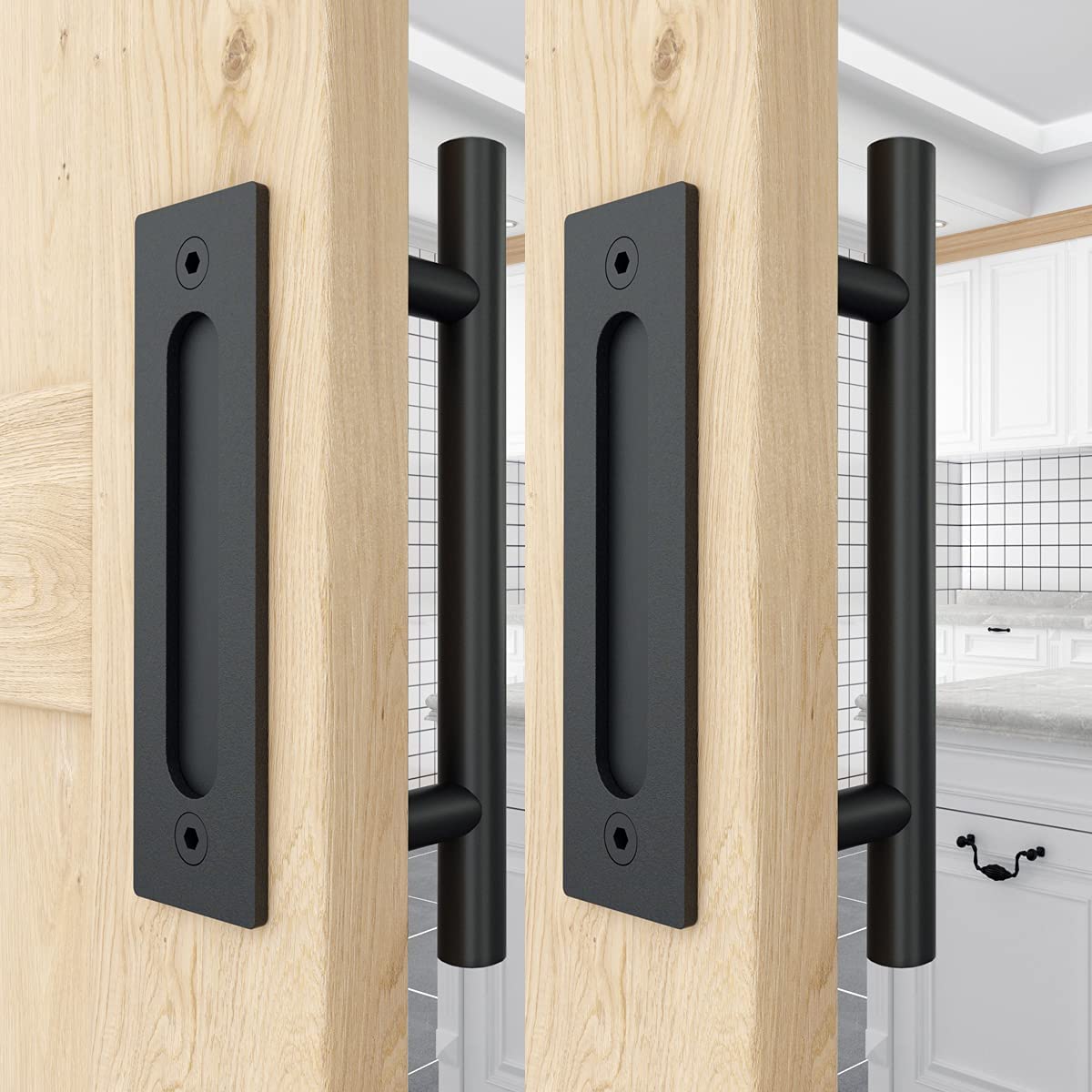 WINSOON 8FT Single Track Bypass Sliding Barn Door Hardware Kit for Double Doors with 2PCS 12 Inch Sliding Barn Door Handles Black Hardware