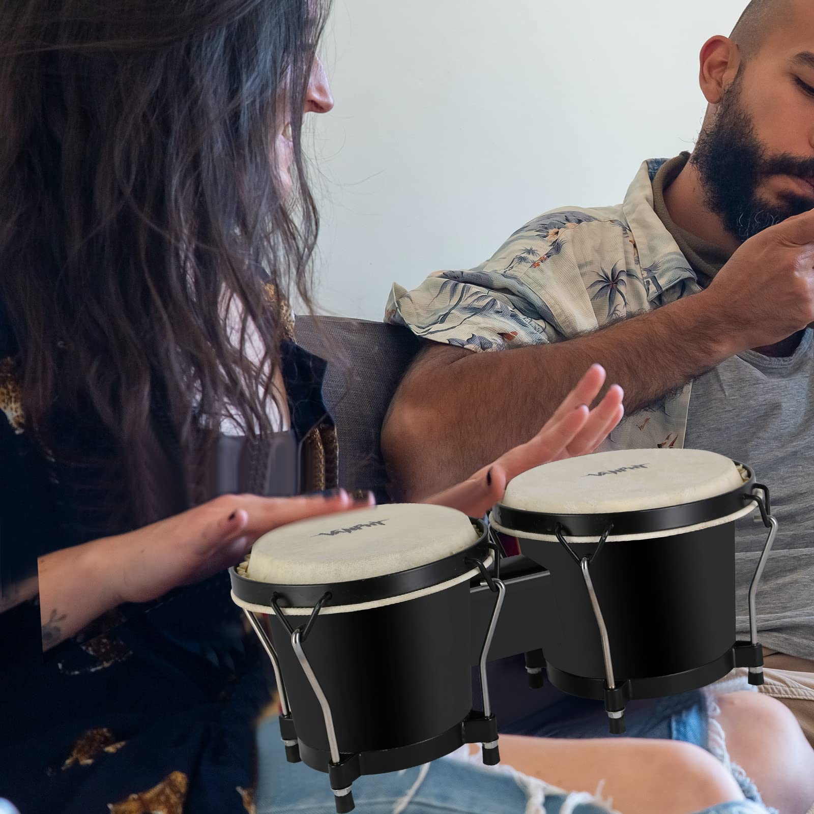 VANPHY Bongo Drum Set for Kids Beginners Natural Adult Bongos with Tuning Wrench Transparent Bongo Drums 6" and 7" Tunable Percussion bongo drum Natural Animal Hides Metal (Black)