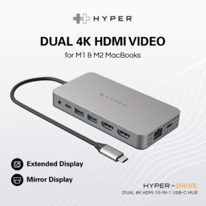 HyperDrive 4K Dual HDMI USB C Hub M1 MacBook 10in1: Dual 4K HDMI, Gigabit Ethernet, USB-A, USB-C, USB-C 100W Power Delivery, MicroSD/SD, Headphone Jack for MacBook Pro/Air(M1), Windows PC, Chromebook