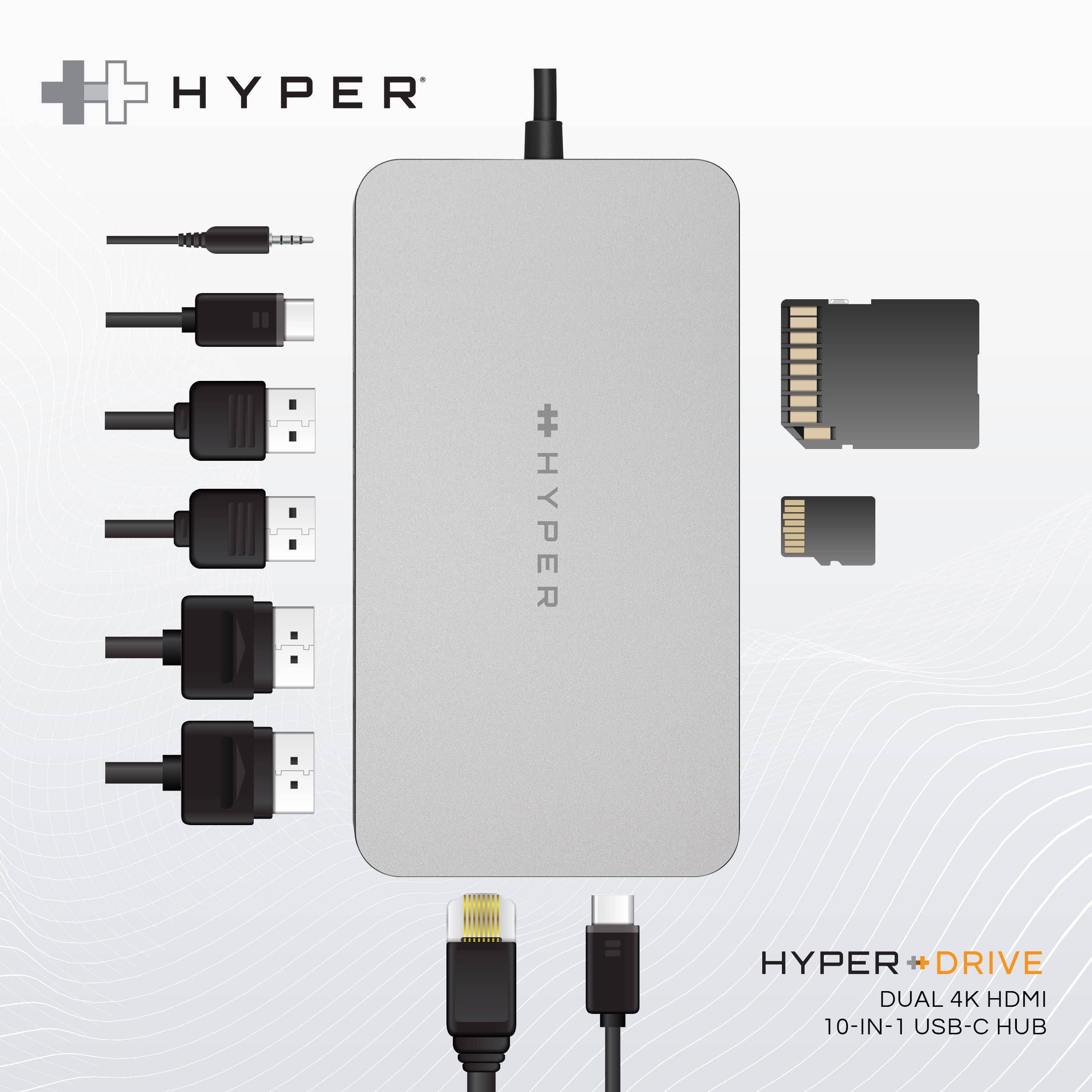 HyperDrive 4K Dual HDMI USB C Hub M1 MacBook 10in1: Dual 4K HDMI, Gigabit Ethernet, USB-A, USB-C, USB-C 100W Power Delivery, MicroSD/SD, Headphone Jack for MacBook Pro/Air(M1), Windows PC, Chromebook