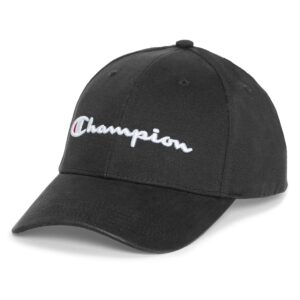 champion hat, classic cotton twill, baseball, adjustable leather strap cap for men, black 3d script, one size