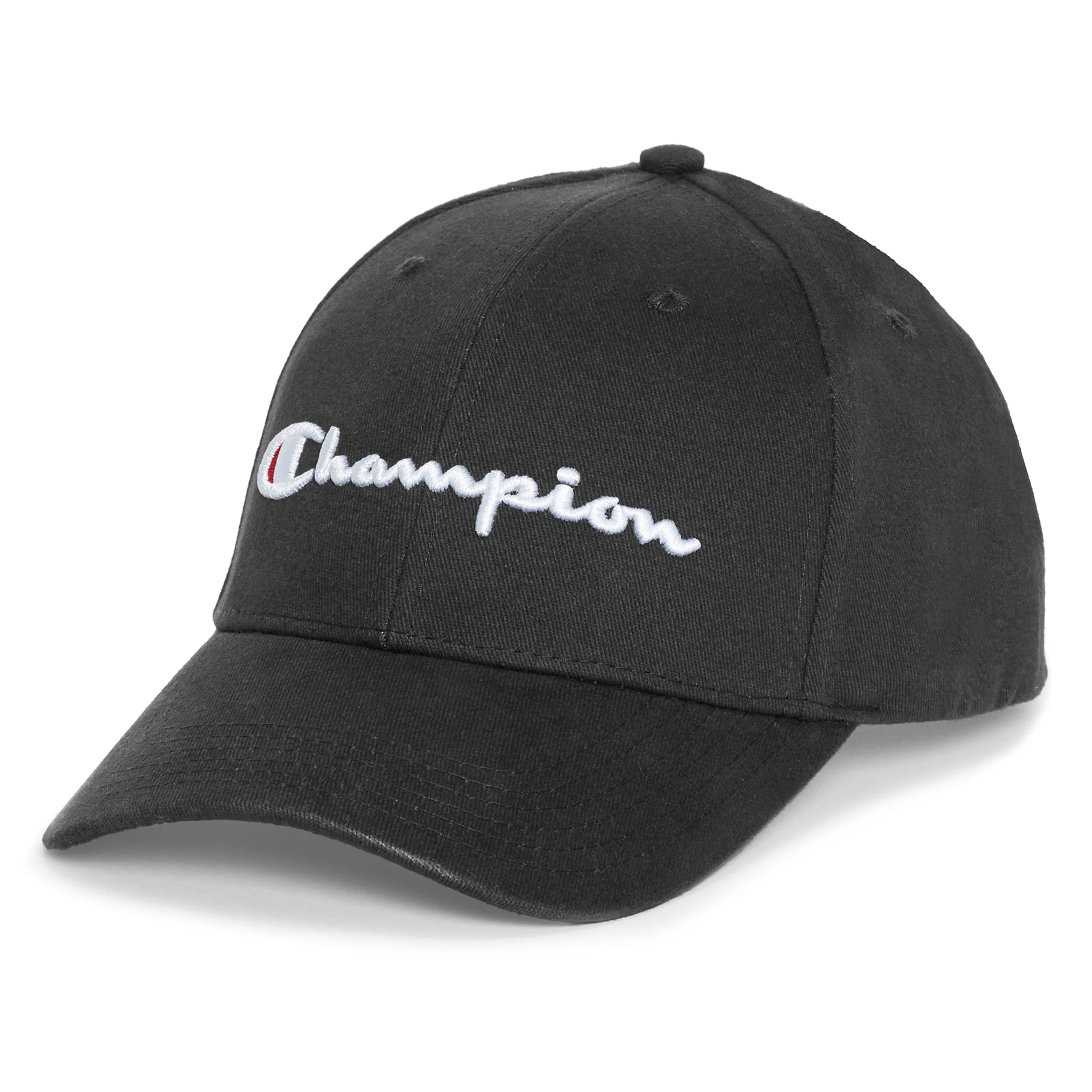 Champion Hat, Classic Cotton Twill, Baseball, Adjustable Leather Strap Cap for Men, Black 3D Script, One Size