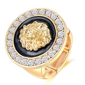 aononu hip hop adjustable band gold statement lion head ring women's engagement sparkly crystal cocktail club party costume jewelry (black-02) (ao00012-13)