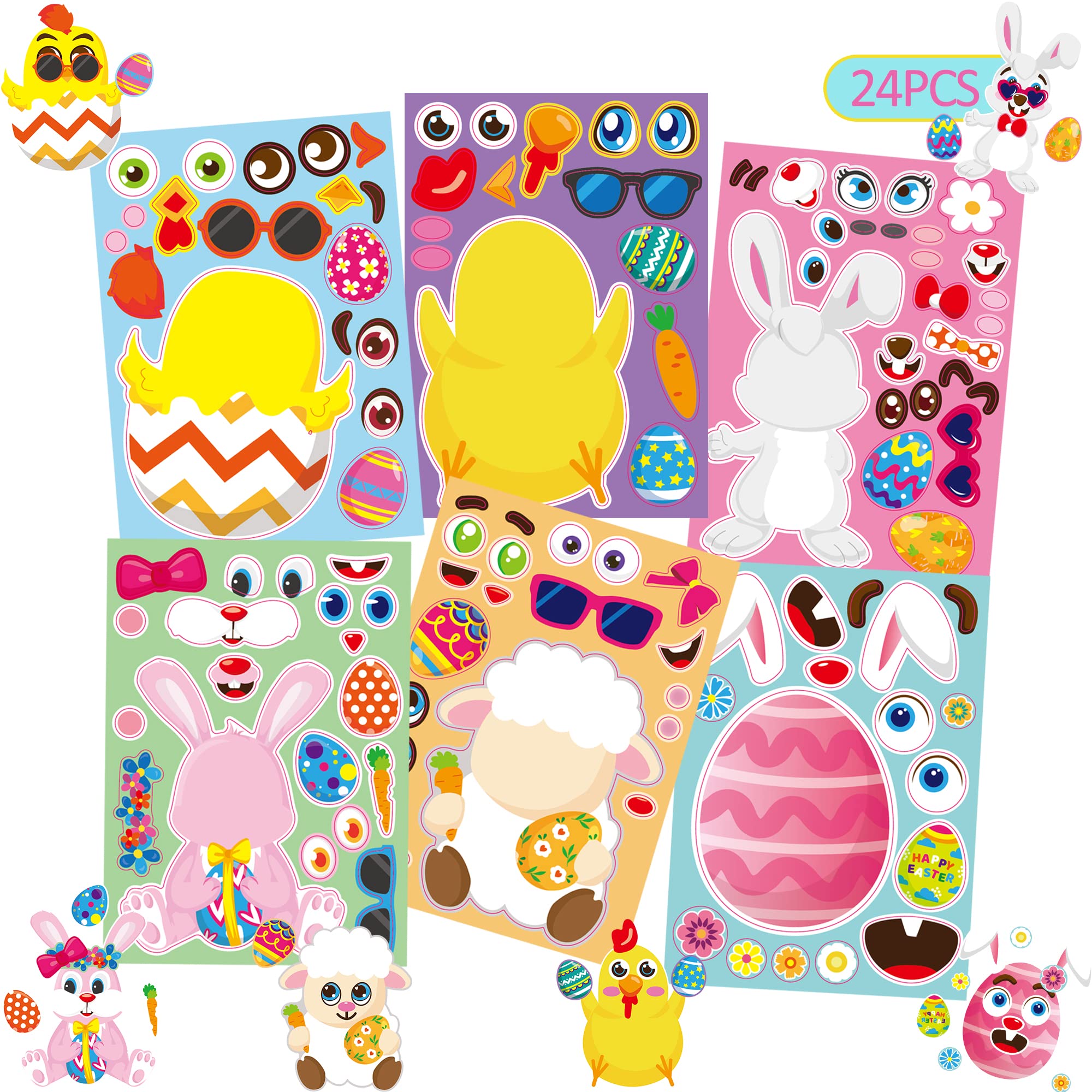 YNERHAI 24sheets Easter Stickers Gifts for Kids, Easter Craft Kids Toys Can Make Own Face Easter Bunny Sheep Rabbit Colored Egg Chicks for Child Boys Girls School Game Activities Party Favor Supplies