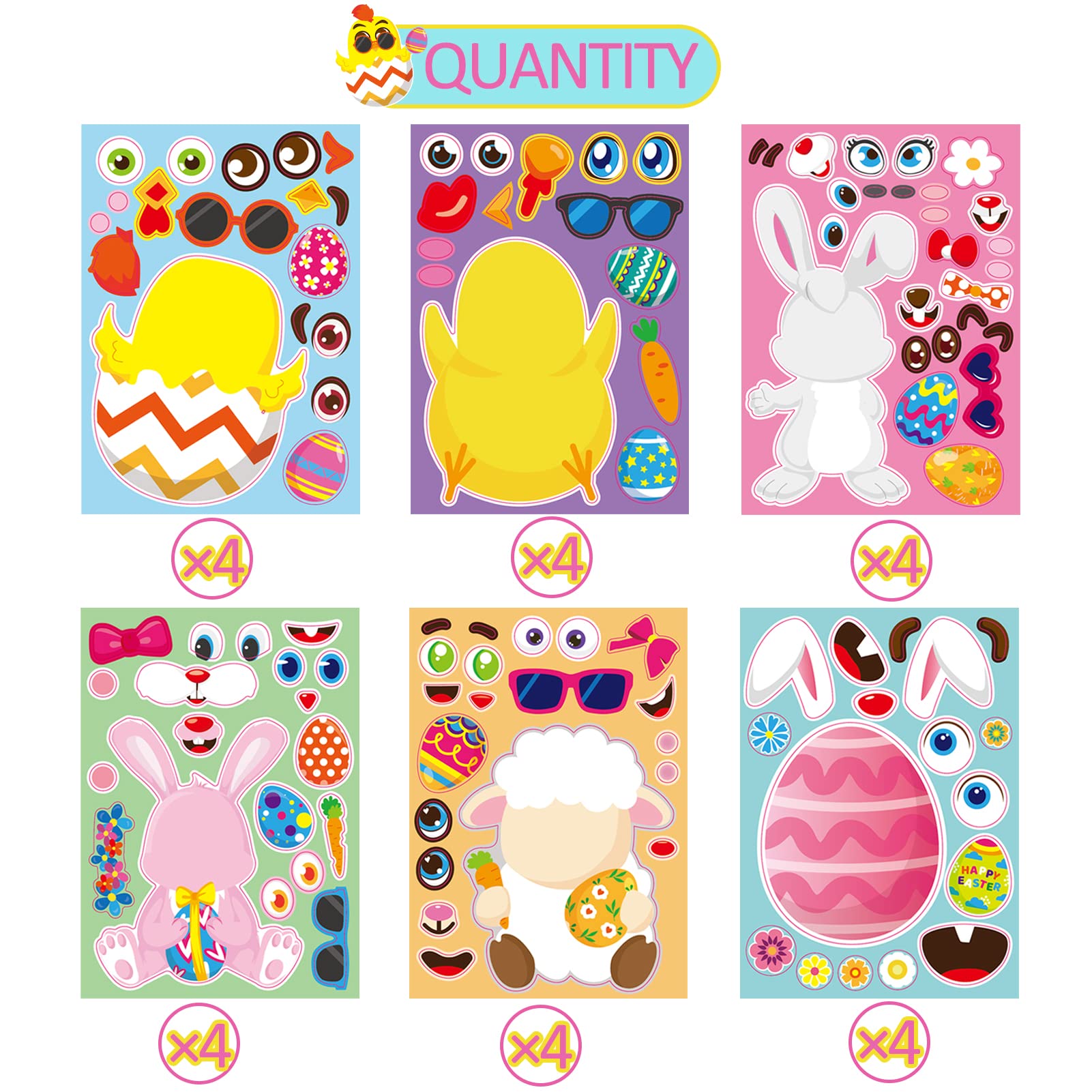 YNERHAI 24sheets Easter Stickers Gifts for Kids, Easter Craft Kids Toys Can Make Own Face Easter Bunny Sheep Rabbit Colored Egg Chicks for Child Boys Girls School Game Activities Party Favor Supplies