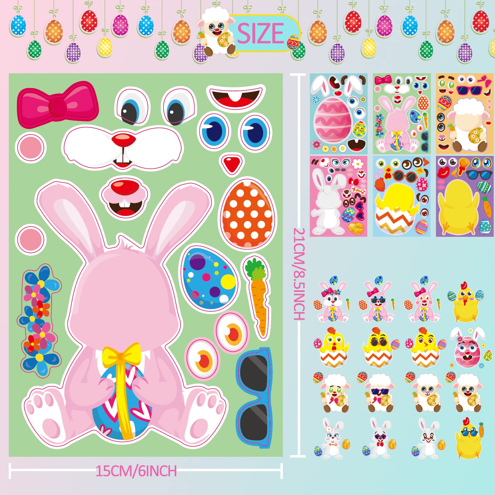 YNERHAI 24sheets Easter Stickers Gifts for Kids, Easter Craft Kids Toys Can Make Own Face Easter Bunny Sheep Rabbit Colored Egg Chicks for Child Boys Girls School Game Activities Party Favor Supplies