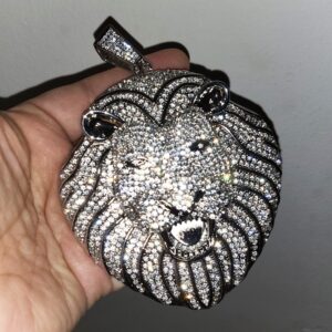 HIP HOP JEWELRY ICED LAB DIAMOND JUMBO SIZE LION HEAD BLING RAPPER CHARM PENDANT (SILVER)