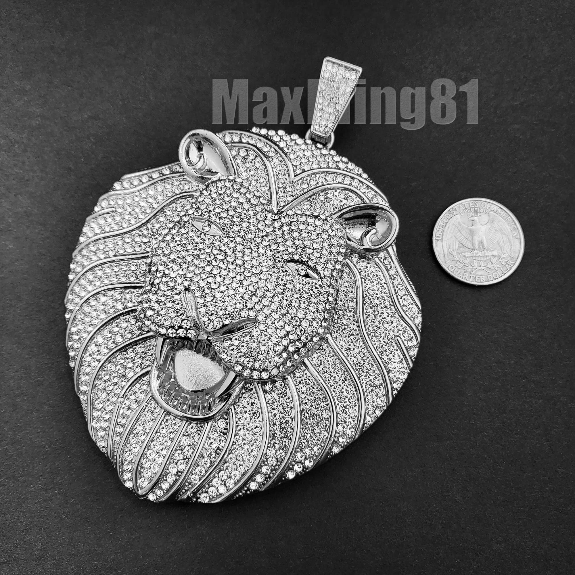 HIP HOP JEWELRY ICED LAB DIAMOND JUMBO SIZE LION HEAD BLING RAPPER CHARM PENDANT (SILVER)