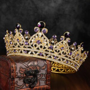 amethyst queen crown and tiara for women girls, rhinestone full round baroque princess crown royal costume for wedding birthday party prom pageant halloween (gold and purple)