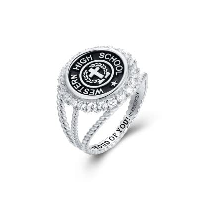 PJM Customized Sterling Silver Ladies High School and College Class Ring – Brilliant Signet Collection – Mementos Jewelry (Sterling Silver - Platinium)