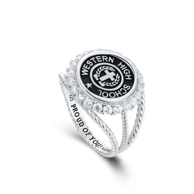 PJM Customized Sterling Silver Ladies High School and College Class Ring – Brilliant Signet Collection – Mementos Jewelry (Sterling Silver - Platinium)