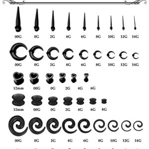 FASACCO 98Pcs Ear Stretching Kit 14G-00G Ear Gauges Expander Set Acrylic Tapers and Plugs & Silicone Tunnels Taper Spiral Tapers Gauges for Ears, Black