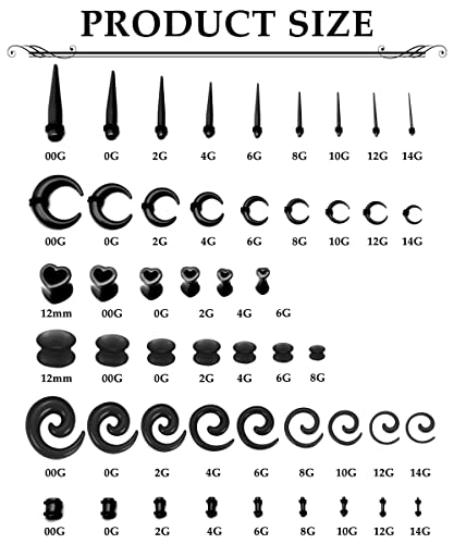 FASACCO 98Pcs Ear Stretching Kit 14G-00G Ear Gauges Expander Set Acrylic Tapers and Plugs & Silicone Tunnels Taper Spiral Tapers Gauges for Ears, Black