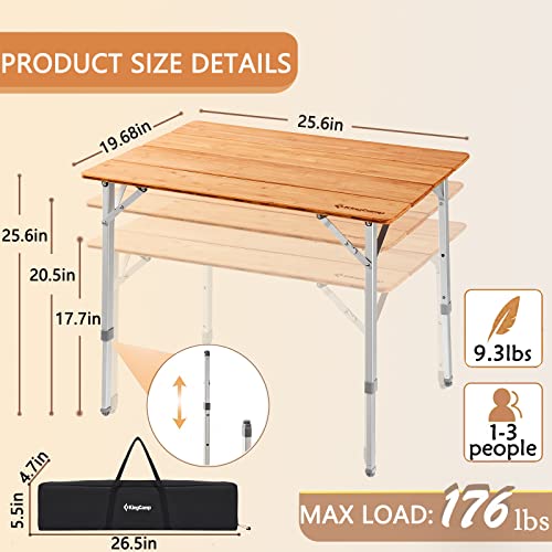 KingCamp Bamboo Folding Adjustable Aluminum Frame Carry Bag Height Lightweight Portable Camping Table for Outdoor Hiking Picnic, 25.6x19.6x17.7/20.5/25.6in, Yellow_25.6"x19.6" Upgrade