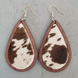 Bohemia Cow Leopard Print Dangle Drop Earrings Lightweight Leather Wood Teardrop Hook Earrings Handmade Hypoallergenic Earrings for Women Cute Holiday Aesthetic Jewelry-style E