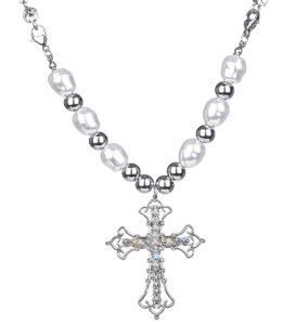 girlssory vintage celtic rhinestone cross long pendant necklace pearl beaded choker necklace silver for women