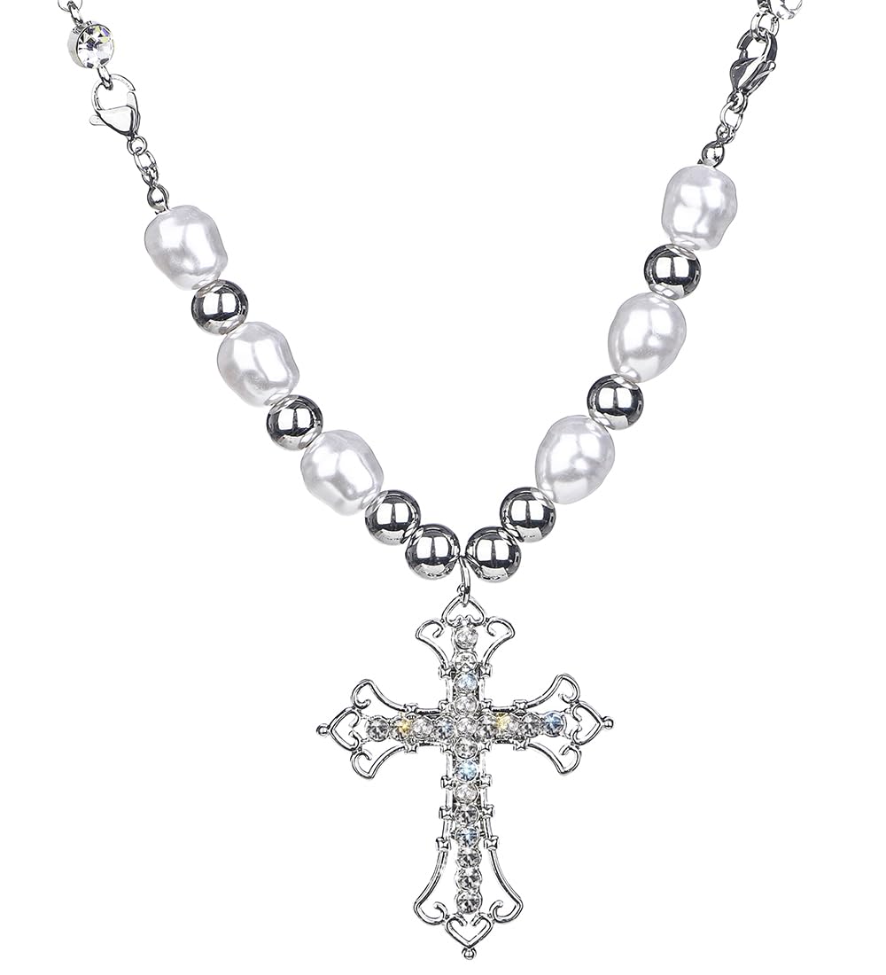 Girlssory Vintage Celtic Rhinestone Cross Long Pendant Necklace Pearl Beaded Choker Necklace Silver for Women